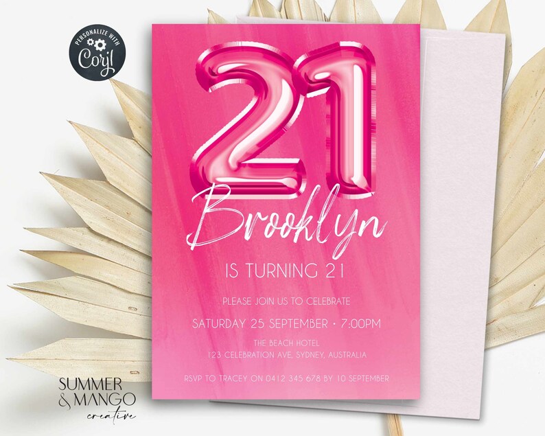 Hot Pink 21st Birthday Invitation Bright Pink Balloons Party Invite ...