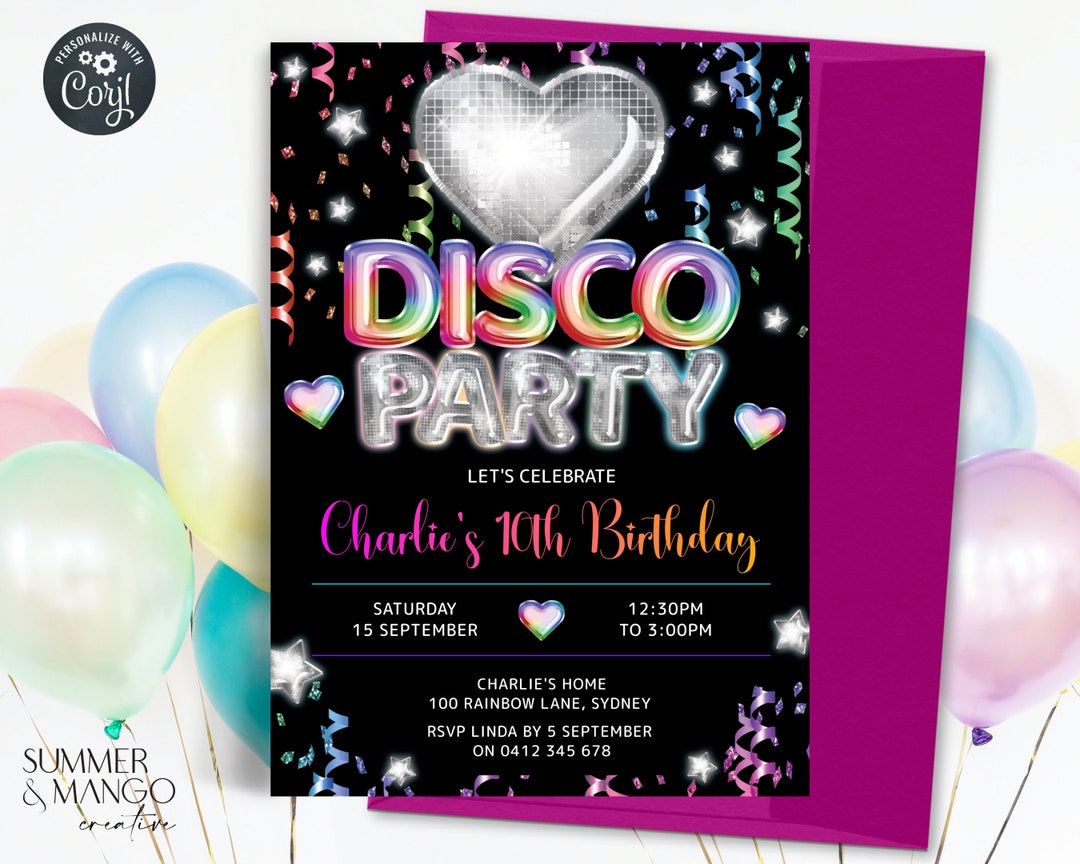 Rainbow Disco Party Invitation: Editable Birthday Invite (digital ...