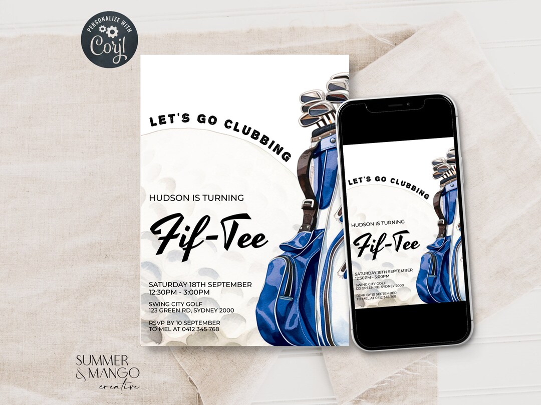 Editable Golf Birthday Invitation Let's Go Clubbing Golf Party Invite ...