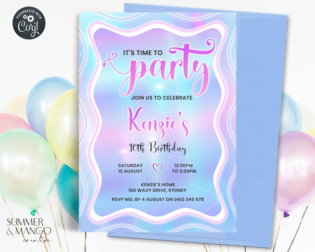 Pastel Pink Purple & Blue Birthday Invitation Wavy Kids Party Ombre ...