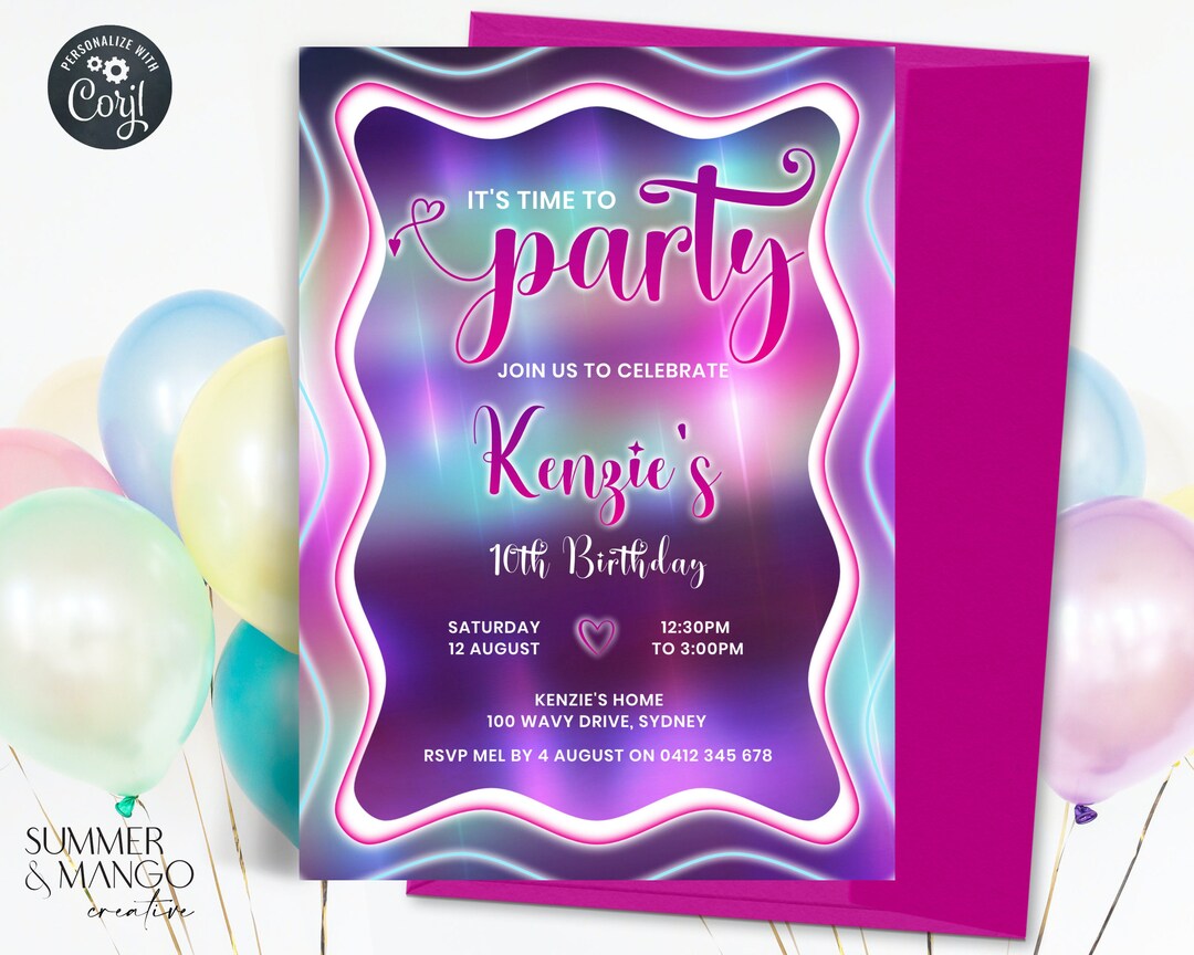 Purple Pink & Blue Birthday Invitation Editable Wavy Kids Party Bright ...