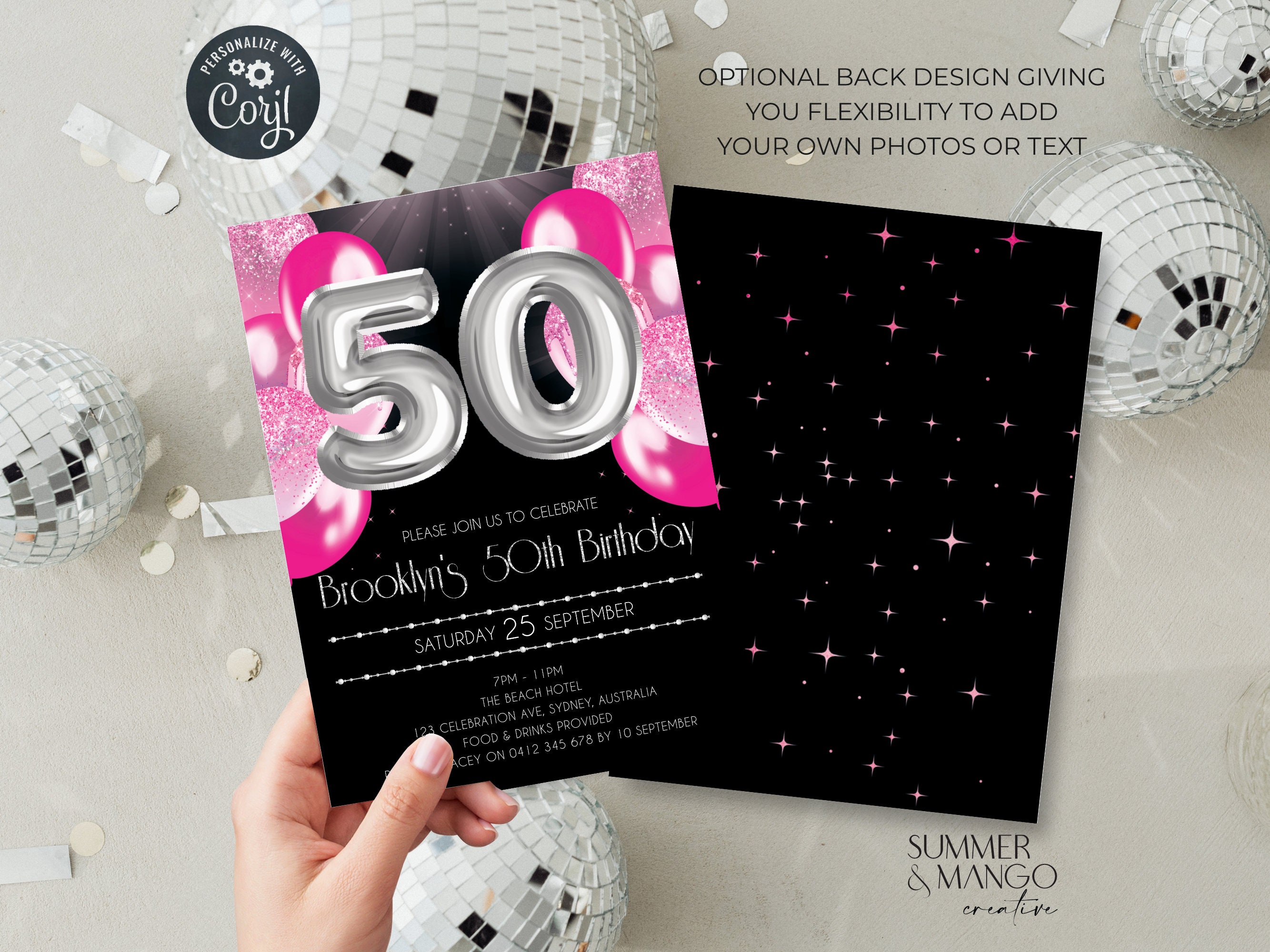 Hot Pink 50th Birthday Invitation Shades of Pink Birthday Party Invite ...