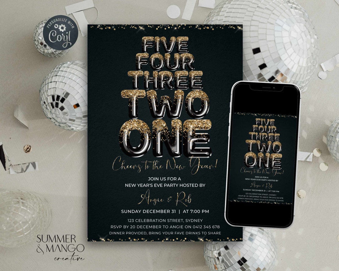 Editable New Years Eve Invitation Black & Gold New Year Countdown ...