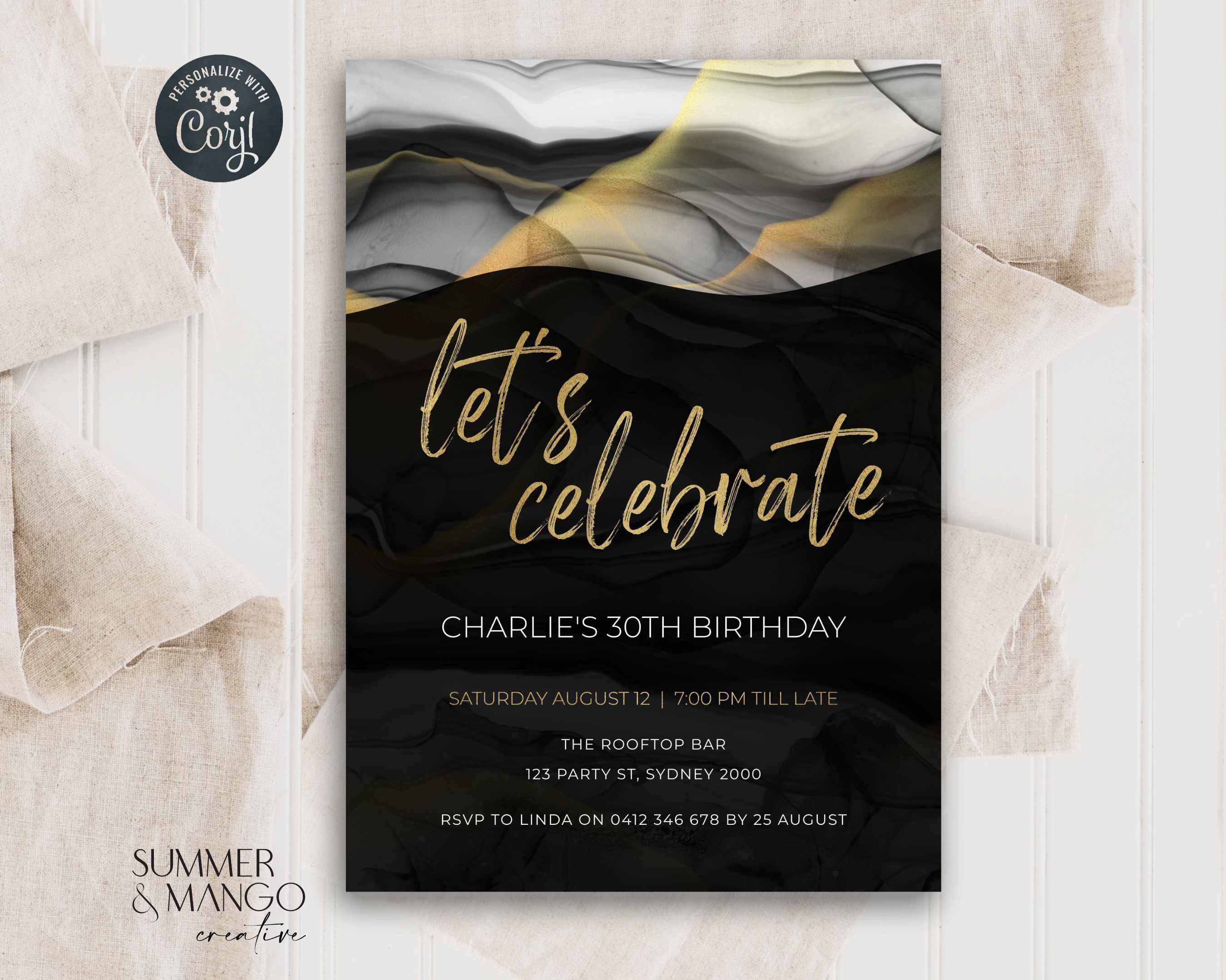 Black & Gold Let's Celebrate Invitation Black and Gold Party Invite ...