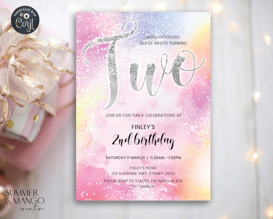 Rainbow 2nd Birthday Invitation Silver Sparkle Invite Girl Birthday ...