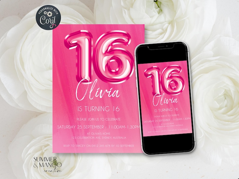 Sweet 16 Hot Pink Birthday Invitation Bright Pink Balloons 16th Party ...