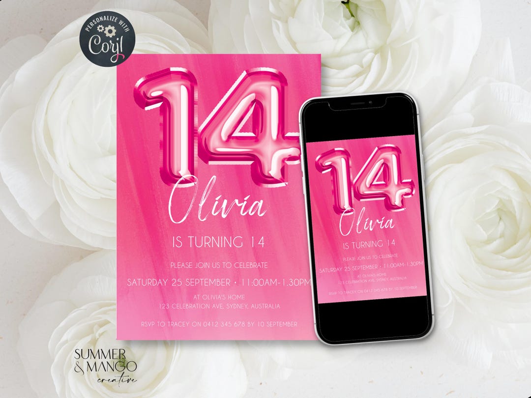 14th Birthday Hot Pink Invitation Shades of Pink Birthday Party ...