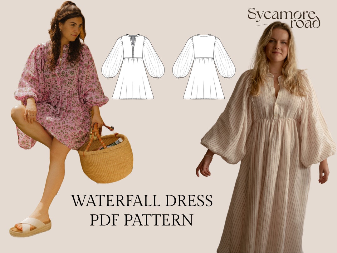 Waterfall Bohemian Dress Sewing Pattern Puff Sleeve Pattern Mini Dress ...
