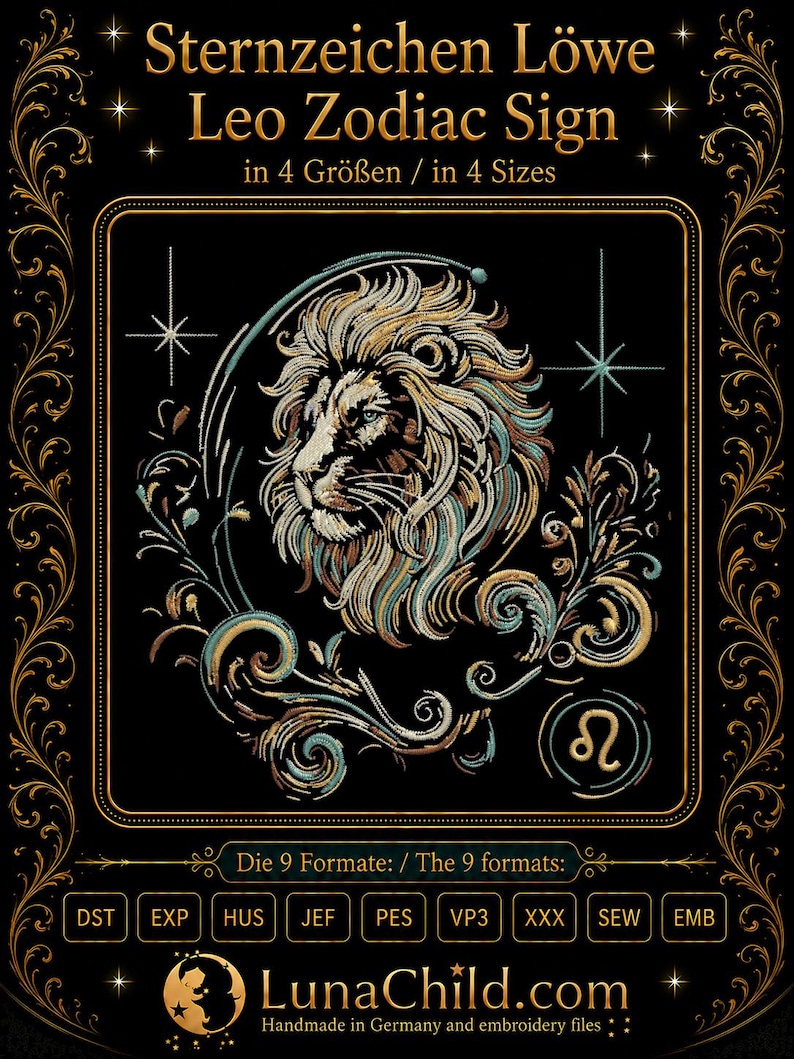 Leo Zodiac Embroidery Design • Mystical Lion Embroidery Pattern ...