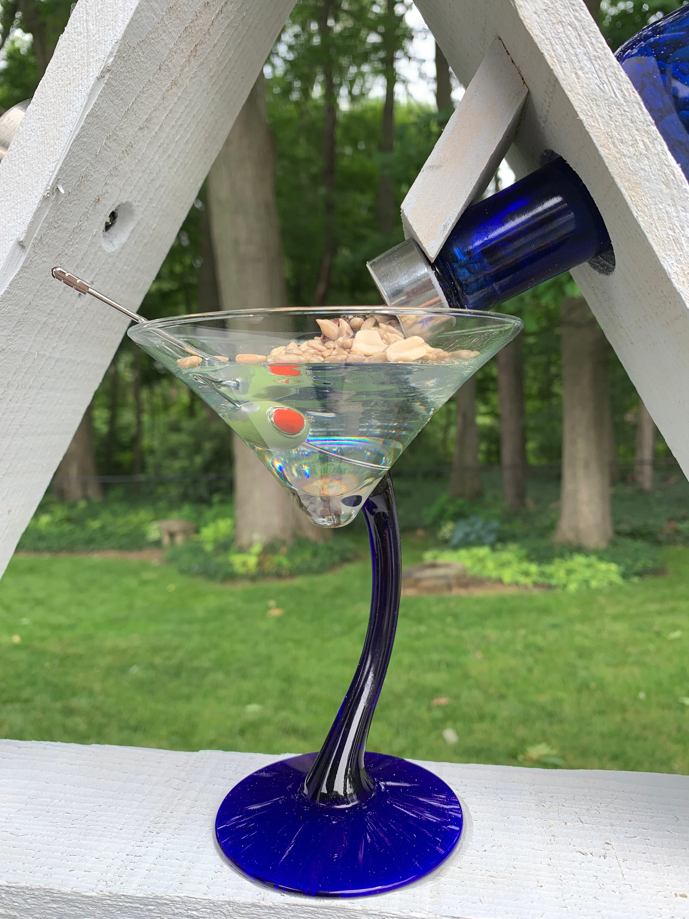 Cobalt Blue Martini Glass Bird Feeder: Sky Blue Vodka Bottle, Solar ...