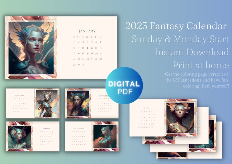 2023 Fantasy Calendar Printable Desk Calendar Monthly Monday - Etsy