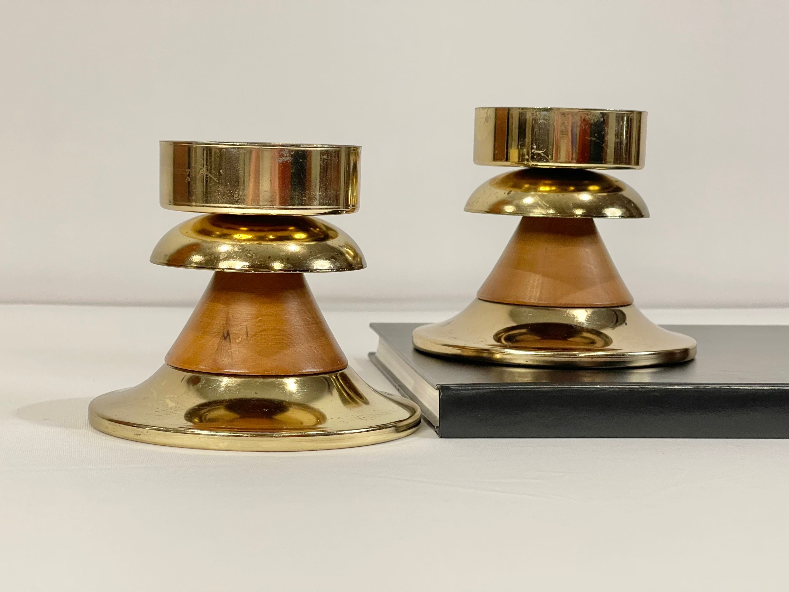 Milbern Creations, Wood and Brass MCM Candle Holders, Vintage, Boho - Etsy