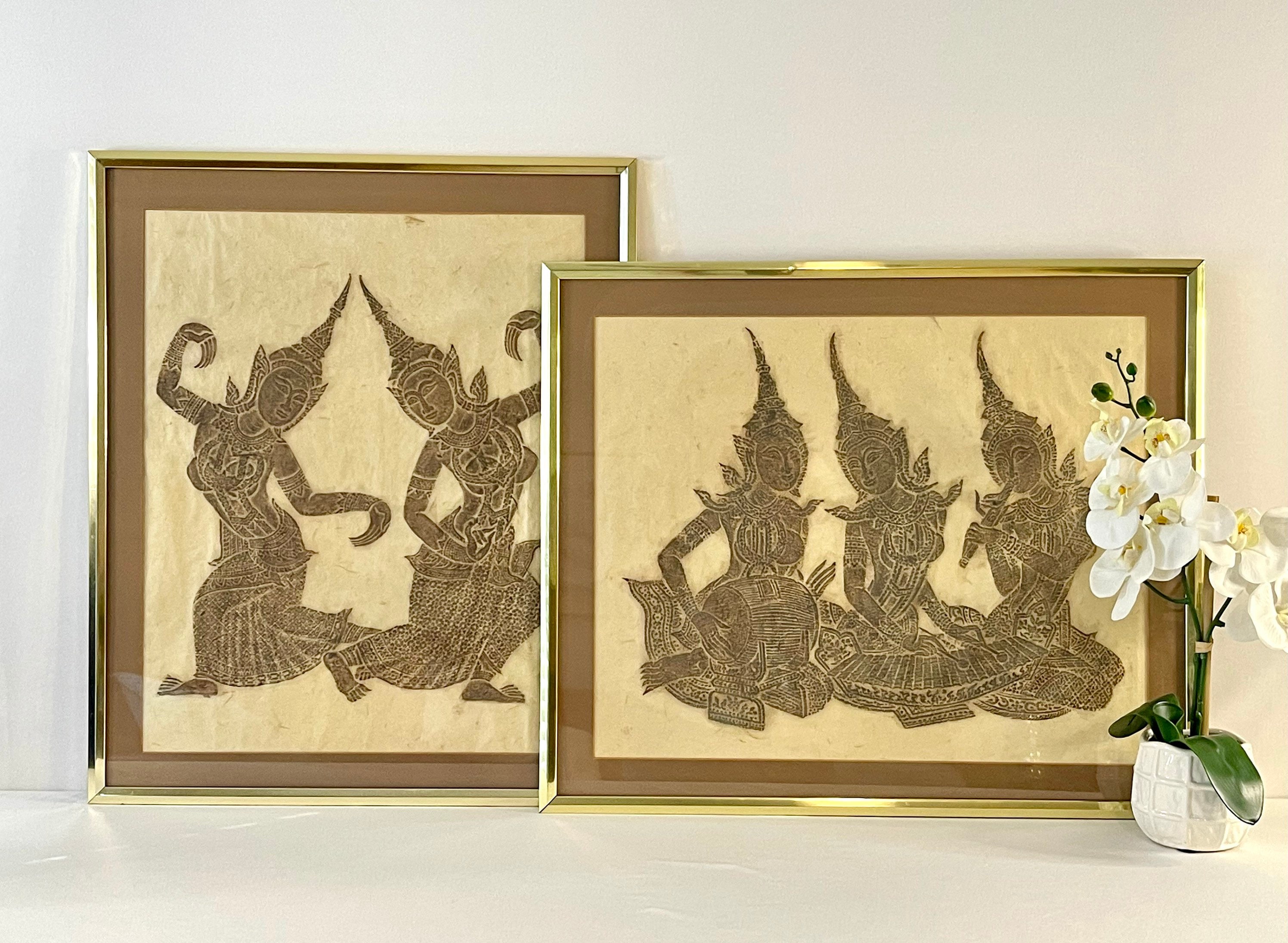 Rare, Thai Temple Rice Paper Rubbings, 1960's, MCM, Brown, Dancing ...