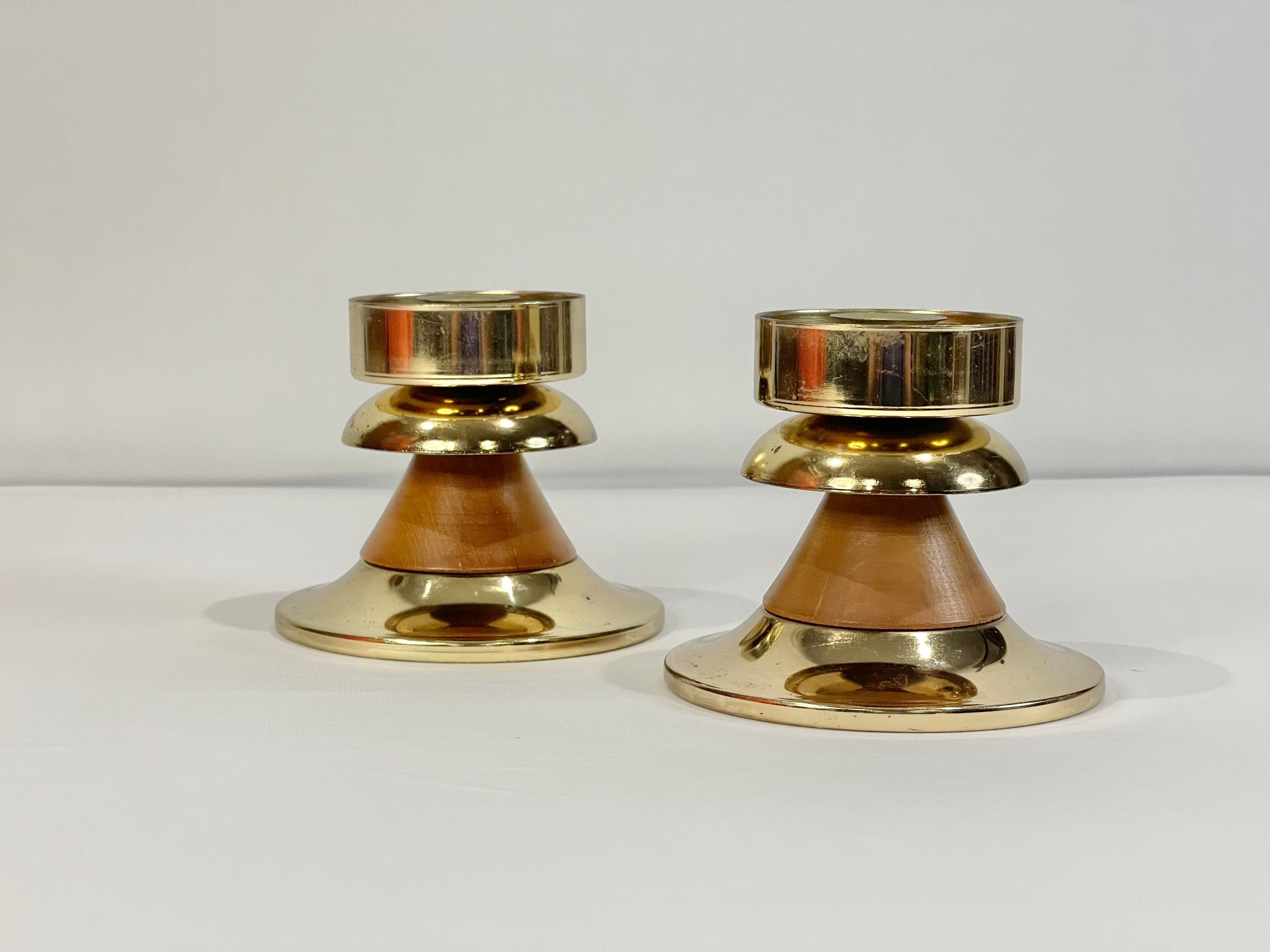 Milbern Creations, Wood and Brass MCM Candle Holders, Vintage, Boho - Etsy