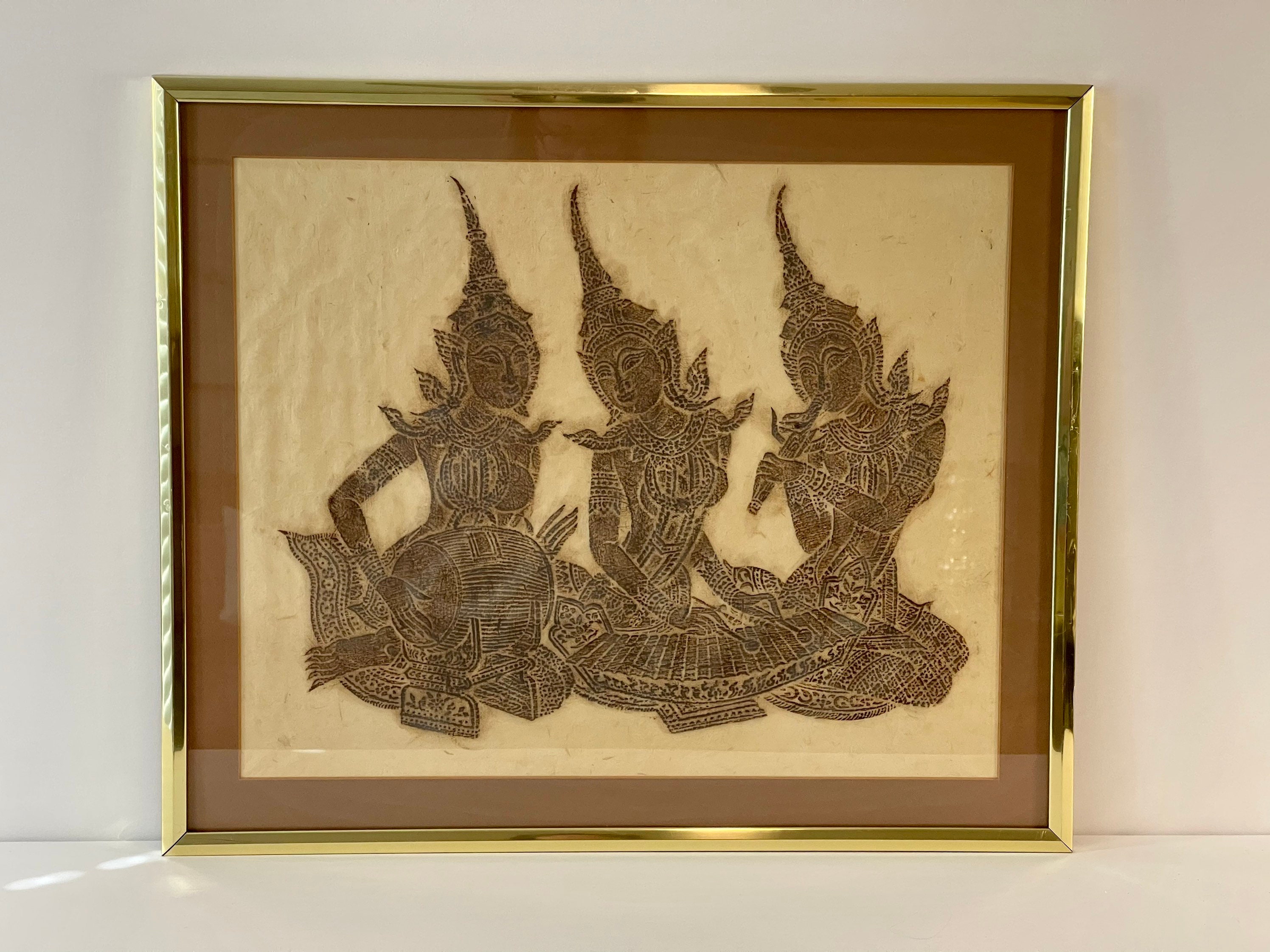 Rare, Thai Temple Rice Paper Rubbings, 1960's, MCM, Brown, Dancing ...