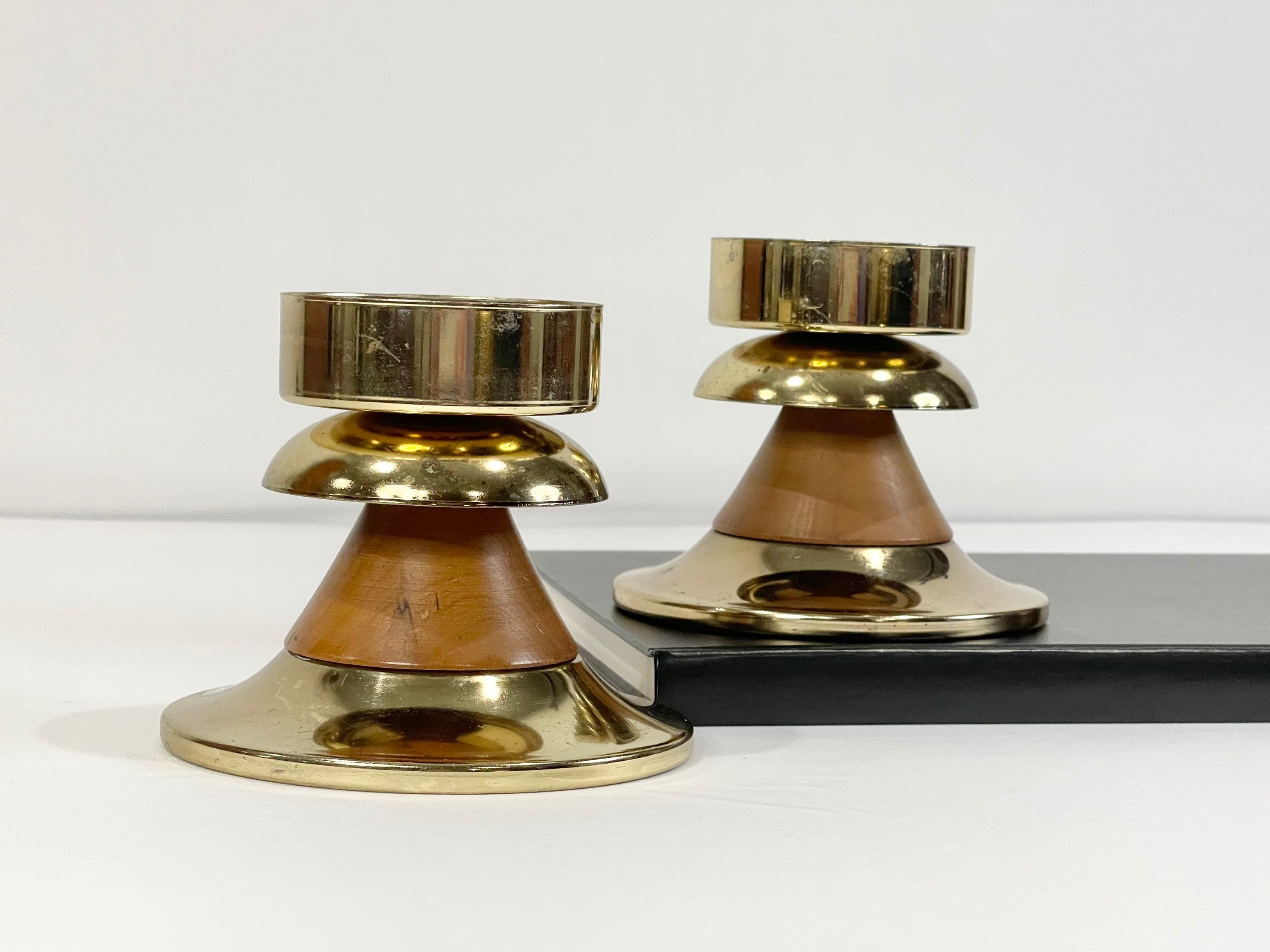 Milbern Creations, Wood and Brass MCM Candle Holders, Vintage, Boho - Etsy