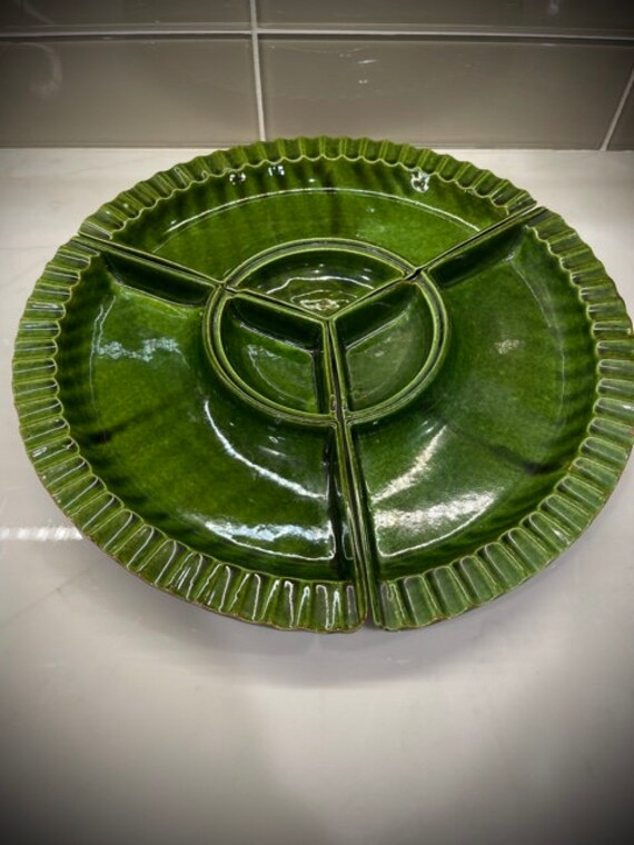 Ceramic Dark Green Serving Platter Divided MCM 3 piece Trays & Platters ...