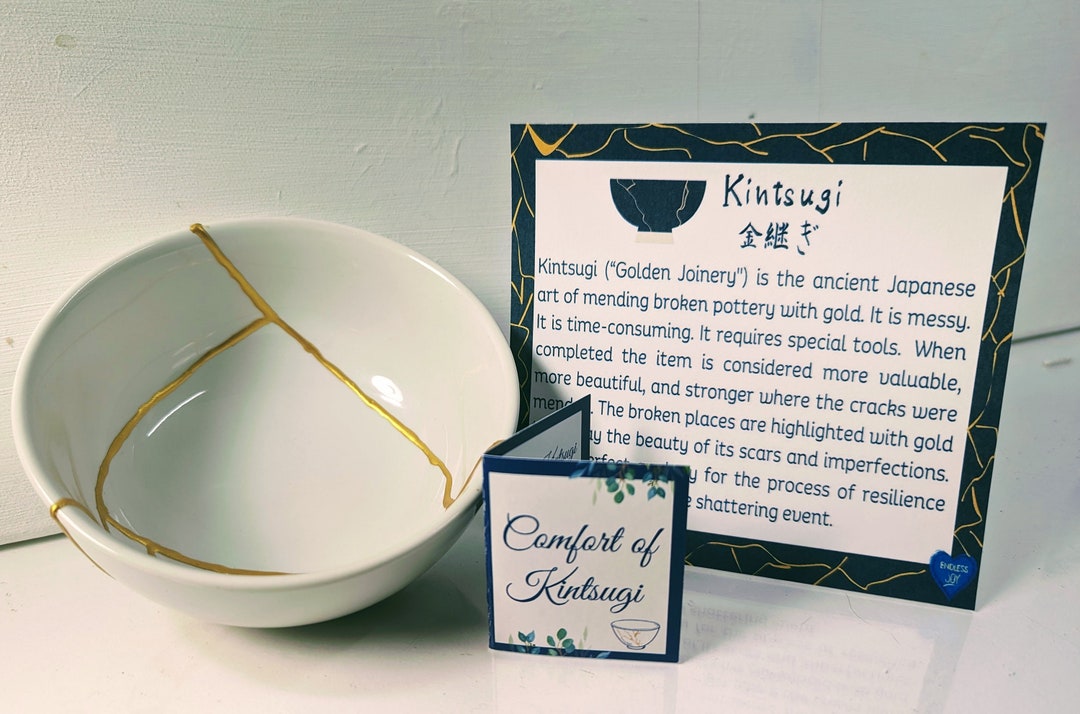 Kintsugi White Bowl Set, Kintsugi Sympathy Gift for Trauma Healing ...