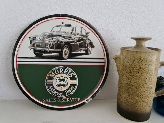 Morris Minor cabriolet white classic Metal round vintage rust look sign ...