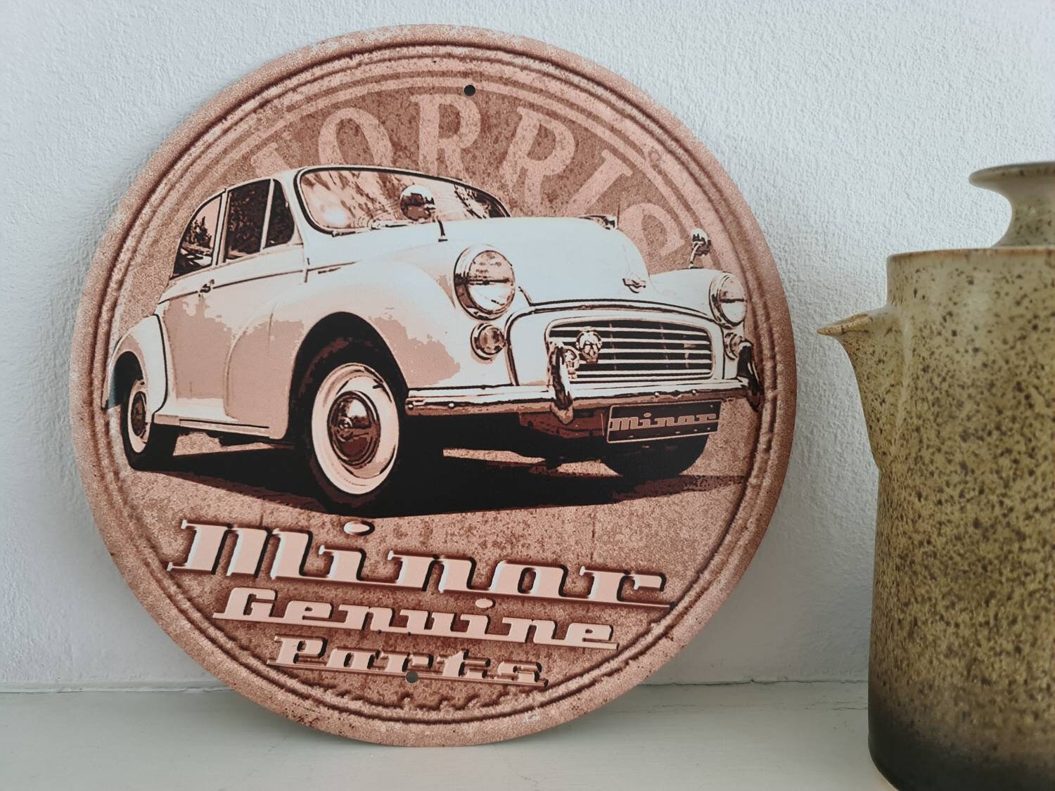 Morris Minor cabriolet white classic Metal round vintage rust look sign ...