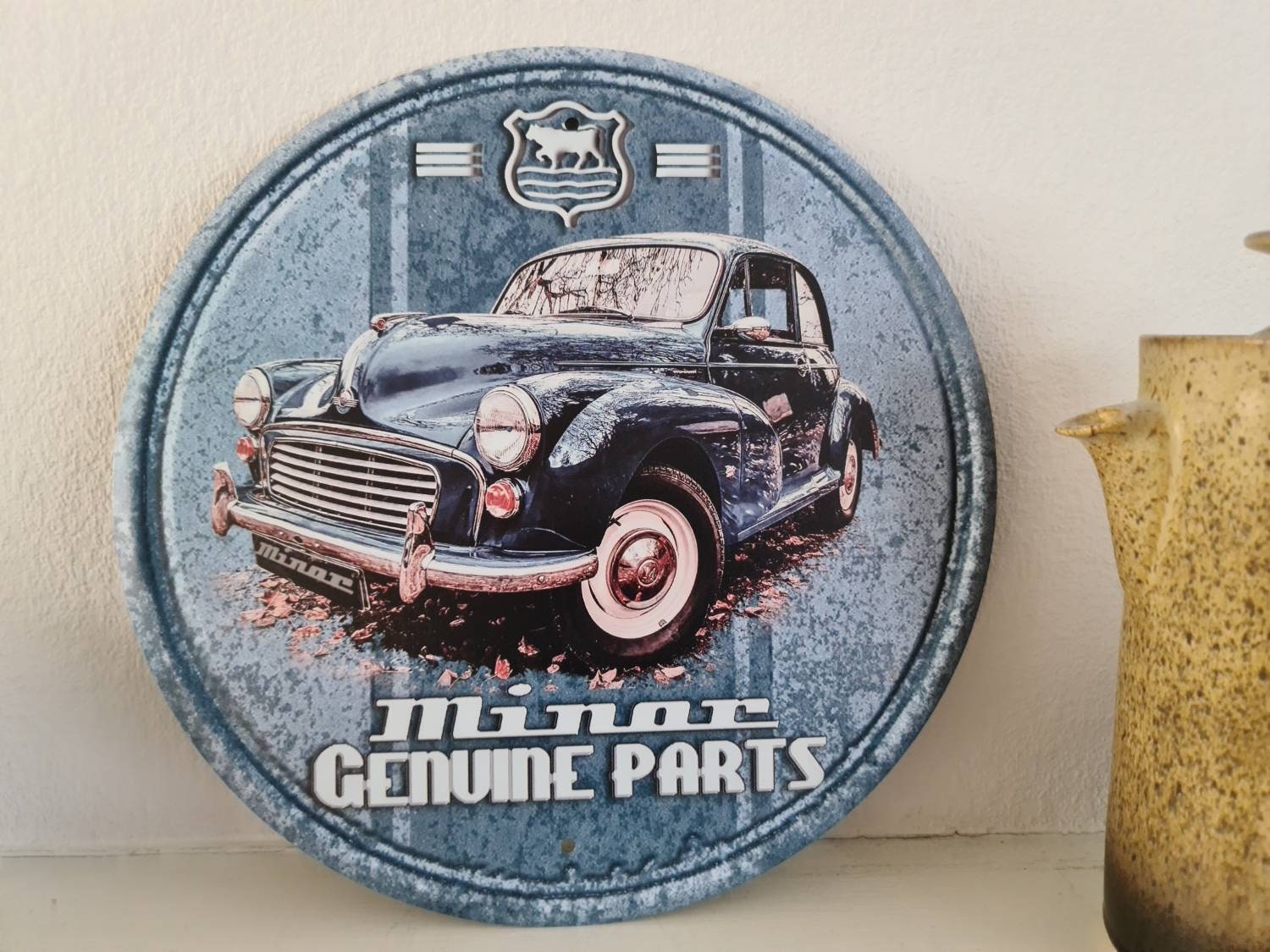 Morris Minor cabriolet white classic Metal round vintage rust look sign ...