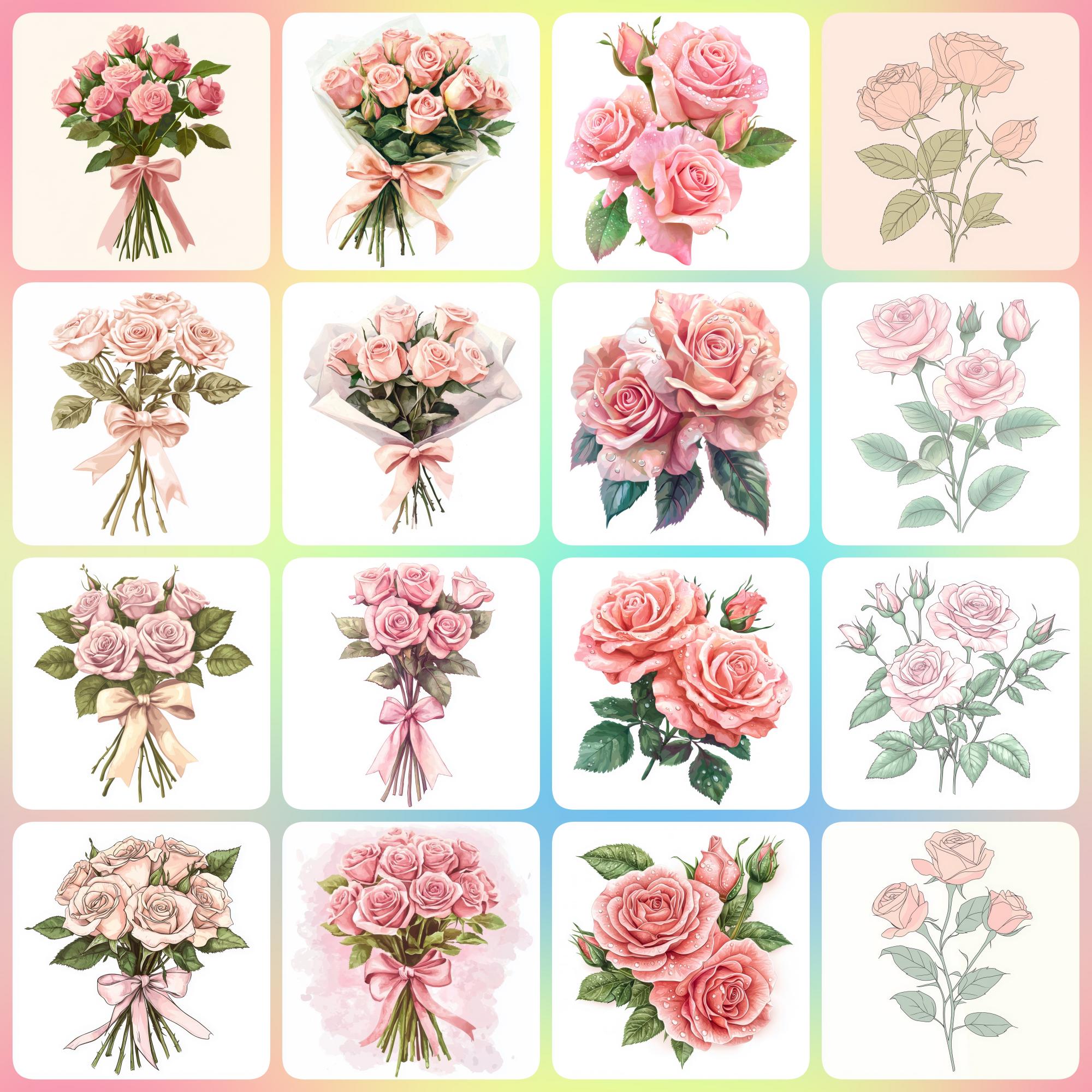 36 Pink Roses Clipart, Roses Bouquet, Printable Watercolor Clipart ...