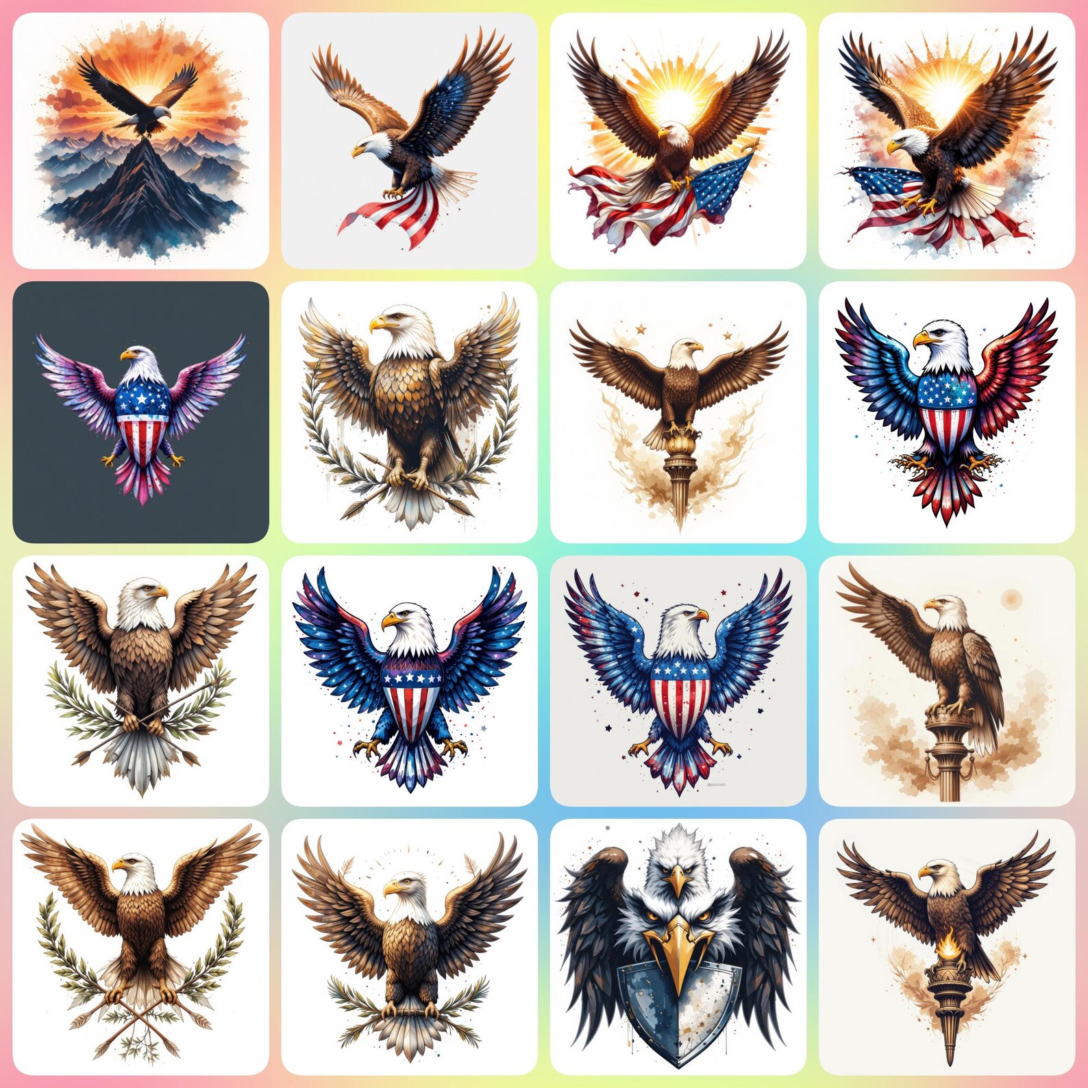 40 Patriotic Eagle Clipart Set 3, Bald Eagle, Printable Watercolor ...