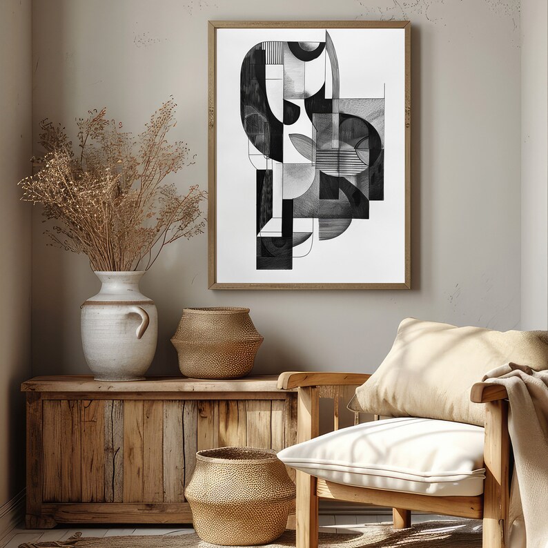 Modern Black and White Geometric Wall Art | Abstract Oil Illustration ...