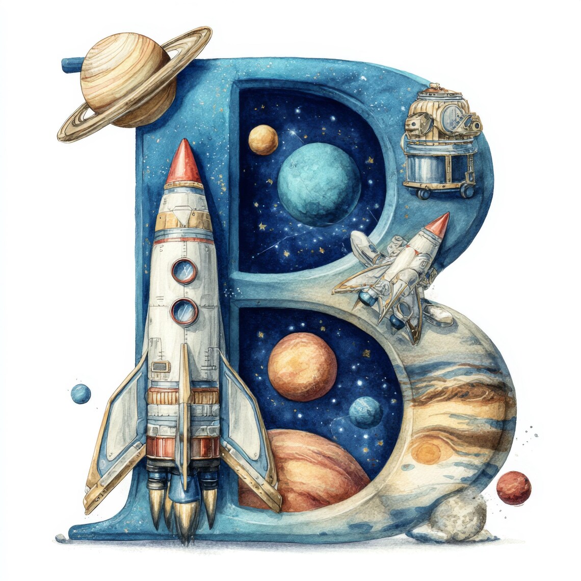 36 Jpgs, Watercolor Rockets and Planets, Space Adventure Theme ...