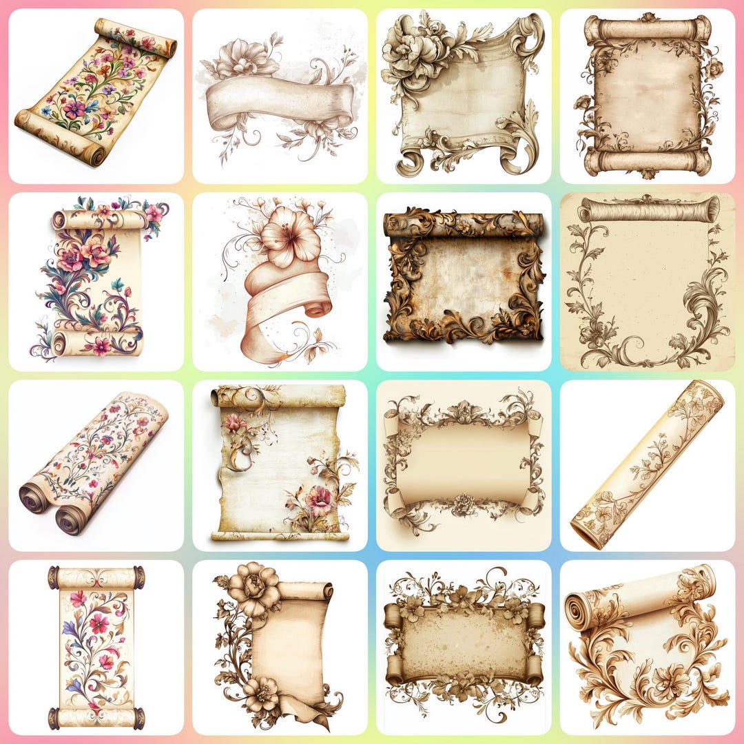 36 Vintage Scroll Clipart, Floral Old Paper, High Quality Jpgs, Printable Watercolor Clipart ...