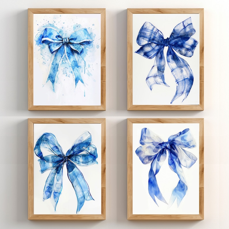 Blue and White Checkered Bow Watercolor Oil Painting | Minimalist Wall ...