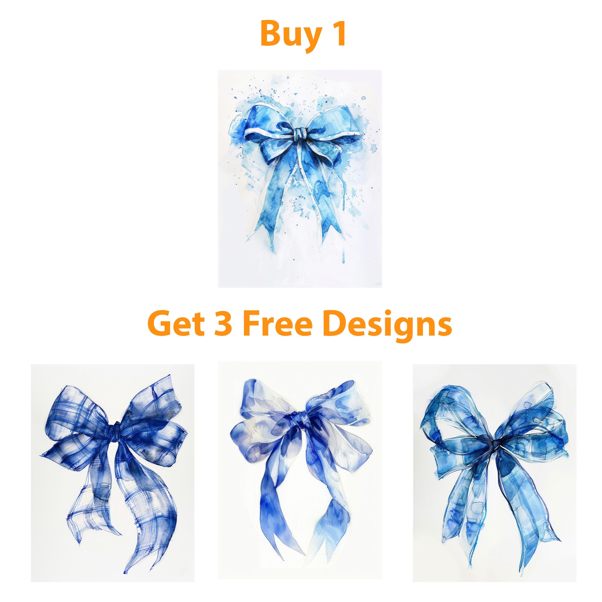 Blue and White Checkered Bow Watercolor Oil Painting | Minimalist Wall ...