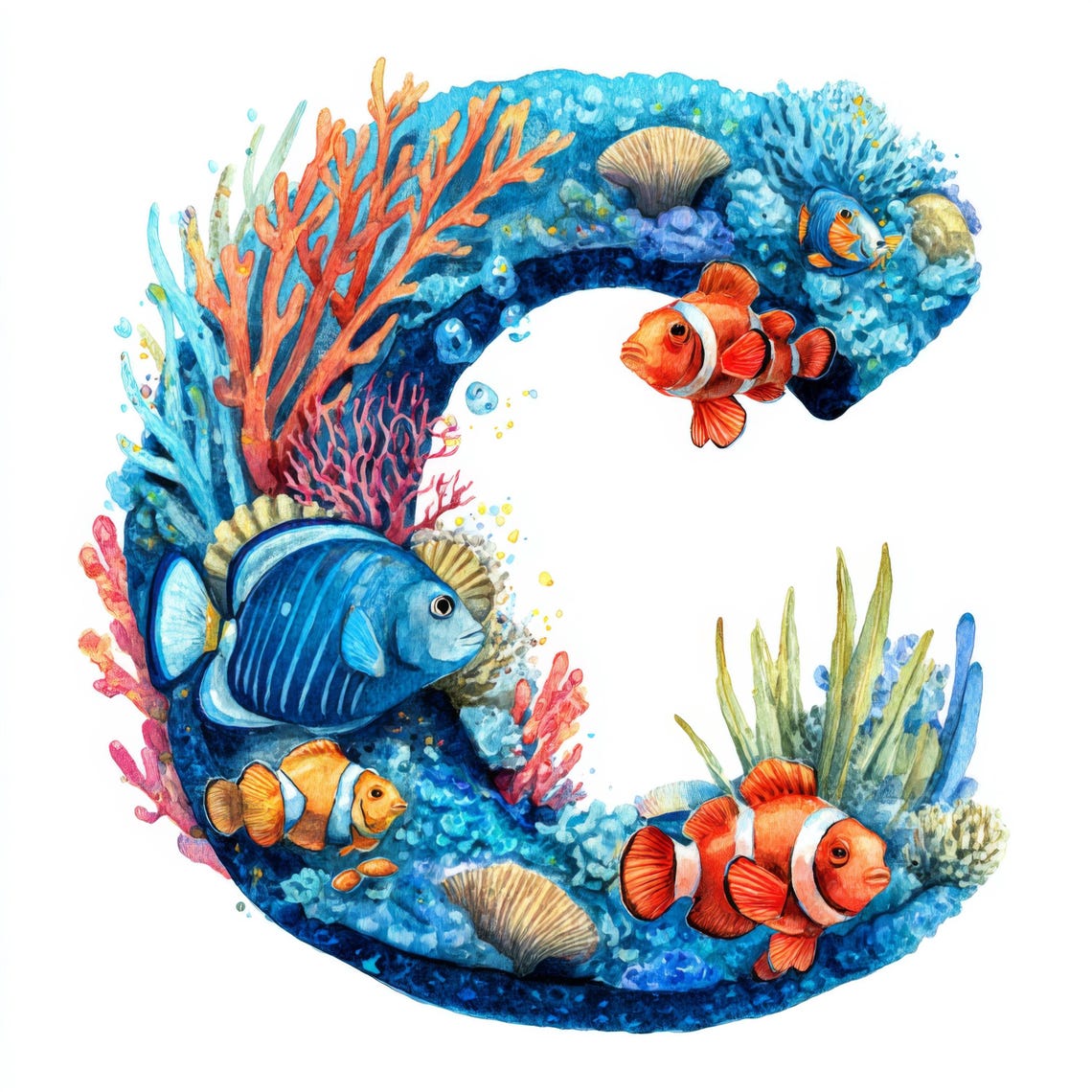 36 Jpgs, Watercolour Coral Reefs and Tropical Fish, Alphabet A to Z ...