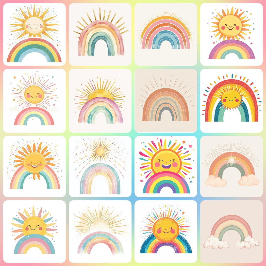 36 Sun and Rainbow Clipart, Nursery Rainbow, Printable Watercolor ...