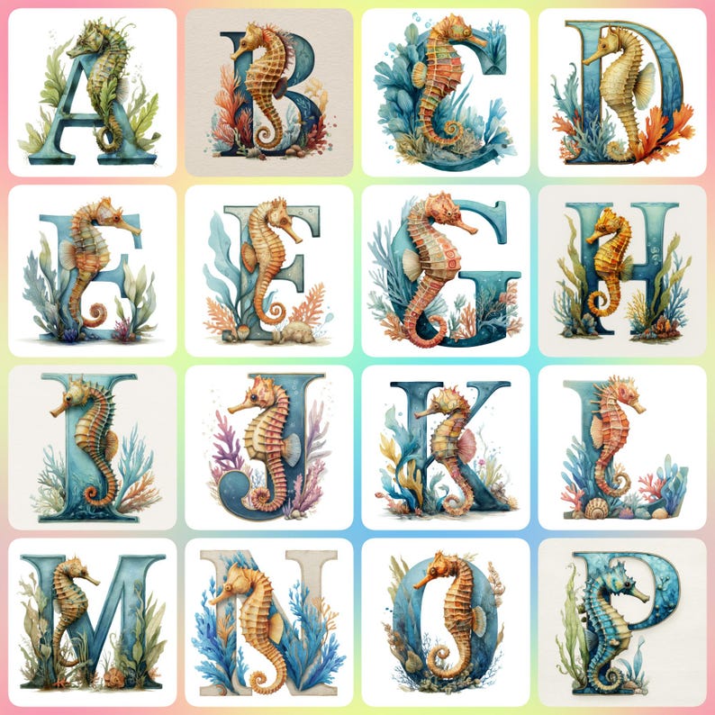 36 Jpgs, Watercolor Ocean Seahorse and Seaweed, Alphabet A to Z, Number ...