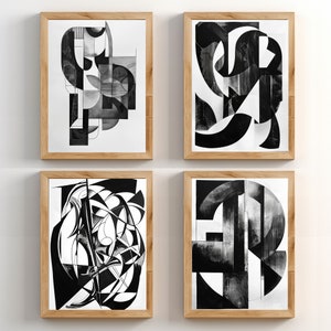 Modern Black and White Geometric Wall Art | Abstract Oil Illustration ...