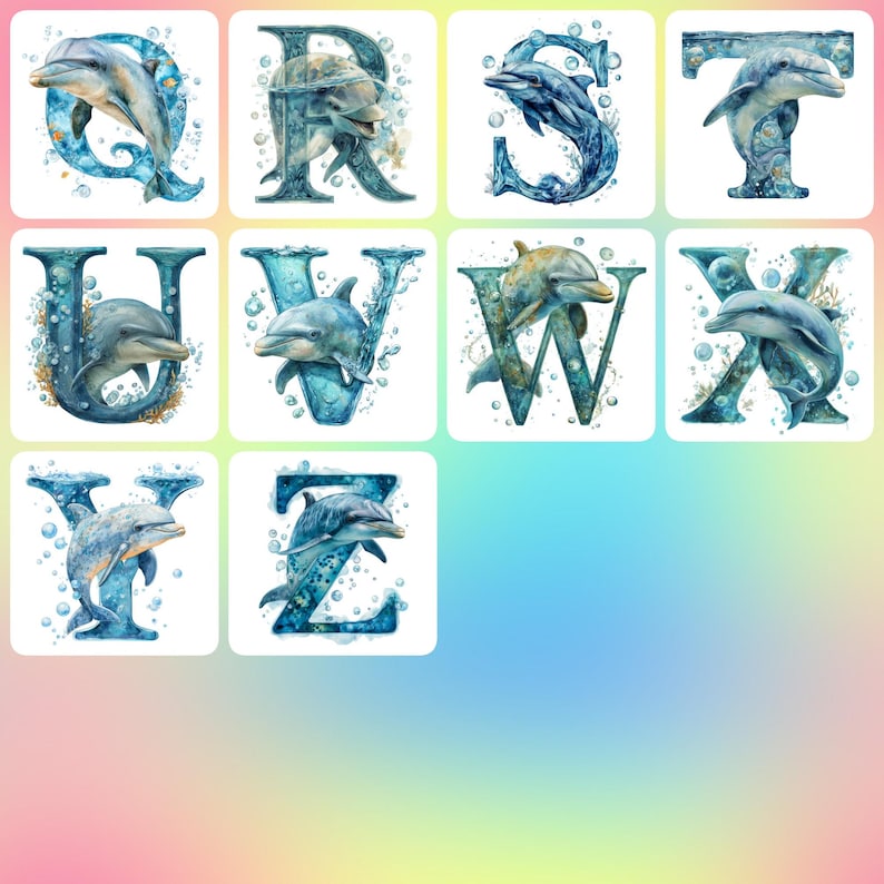 36 Jpgs, Watercolor Dolphin and Ocean Bubbles, Alphabet A to Z, Number ...