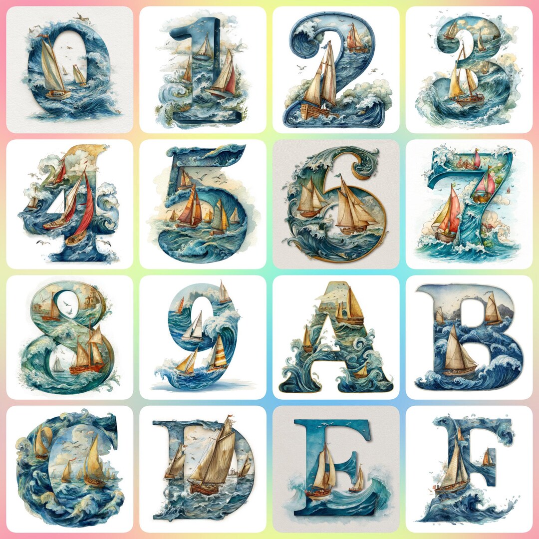 36 Jpgs, Watercolor Sailboats and Waves, Nautical Nursery, Alphabet ...