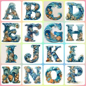 36 Jpgs, Watercolor Ocean Waves and Seashells, Alphabet A to Z, Number ...