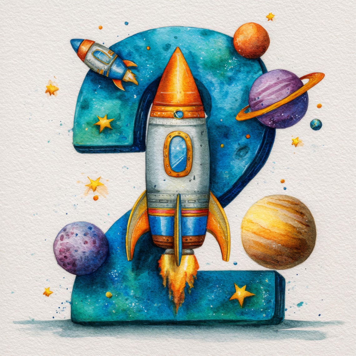 36 Jpgs, Watercolor Rockets and Planets, Space Adventure Theme ...