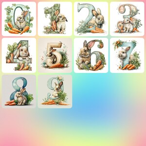 36 Jpgs, Watercolor Cute Bunny and Carrots, Alphabet A to Z, Number 0 ...
