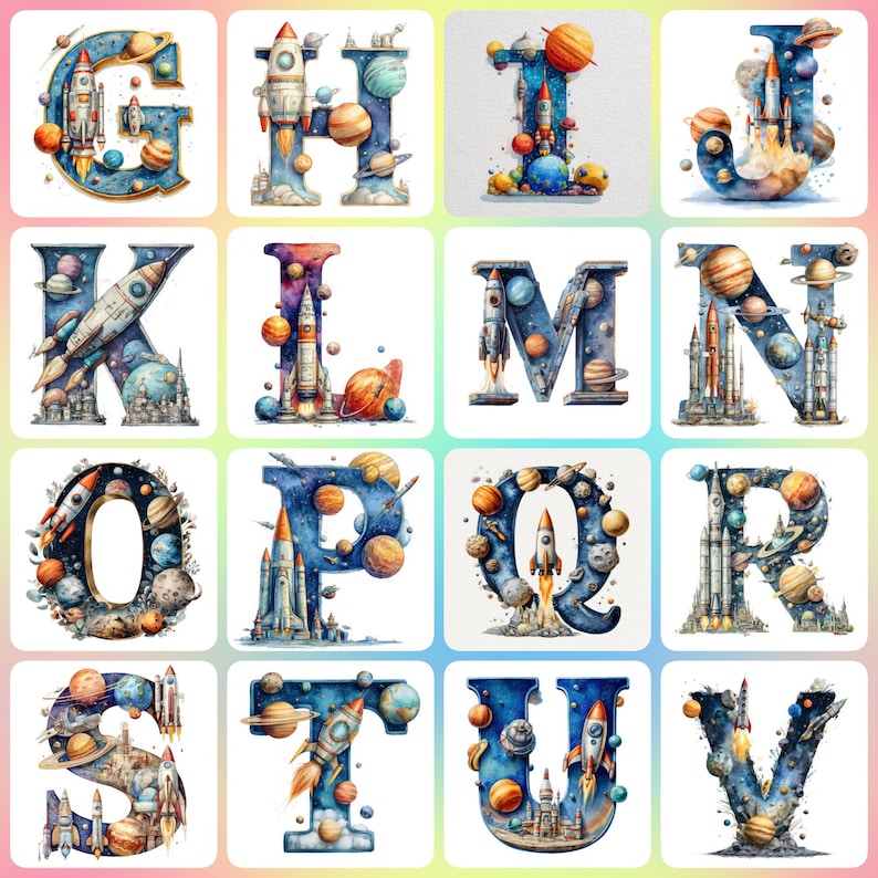 36 Jpgs, Watercolor Rockets and Planets, Space Adventure Theme ...