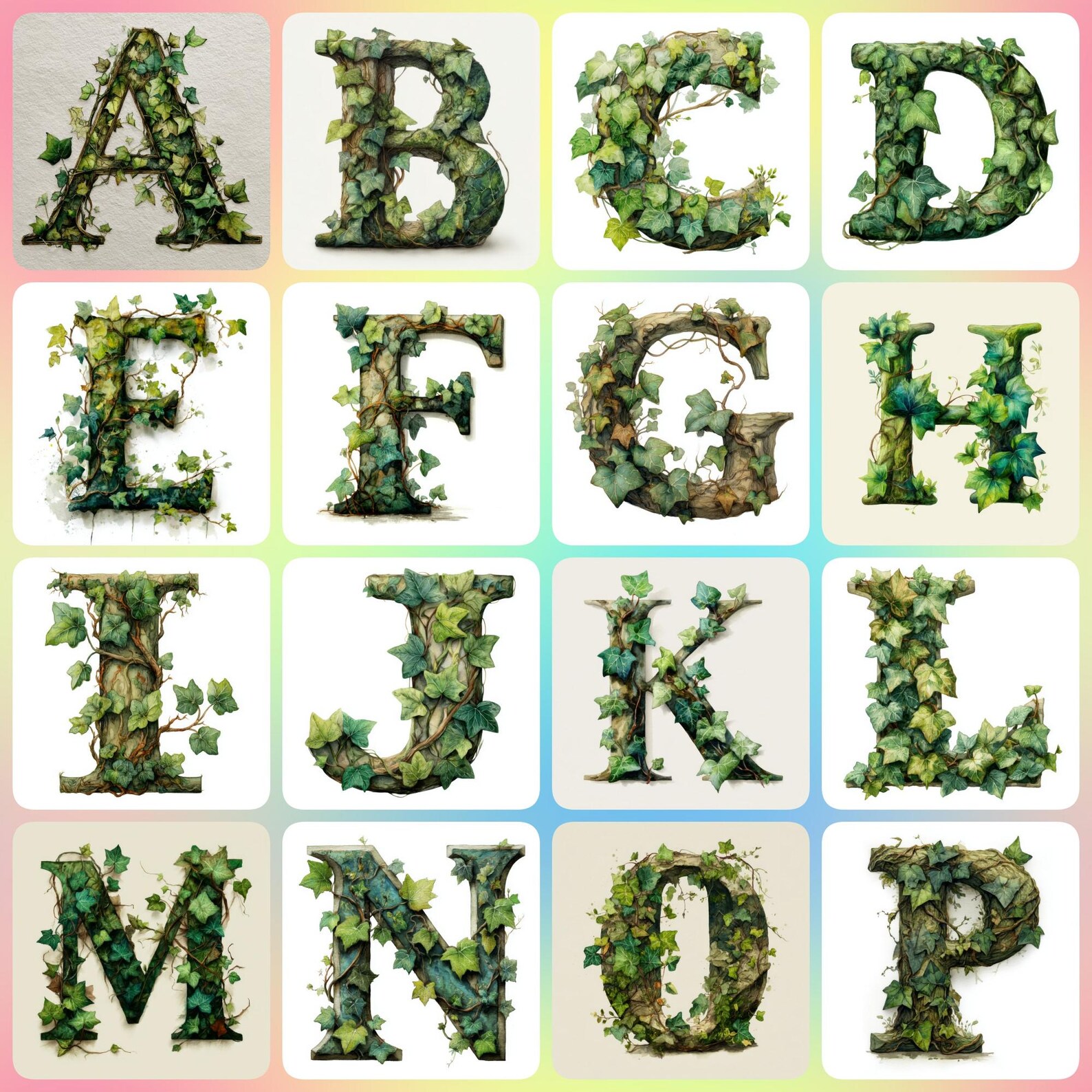 36 Jpgs, Watercolour Ivy Vines and Forest, Alphabet A to Z, Number 0 to ...