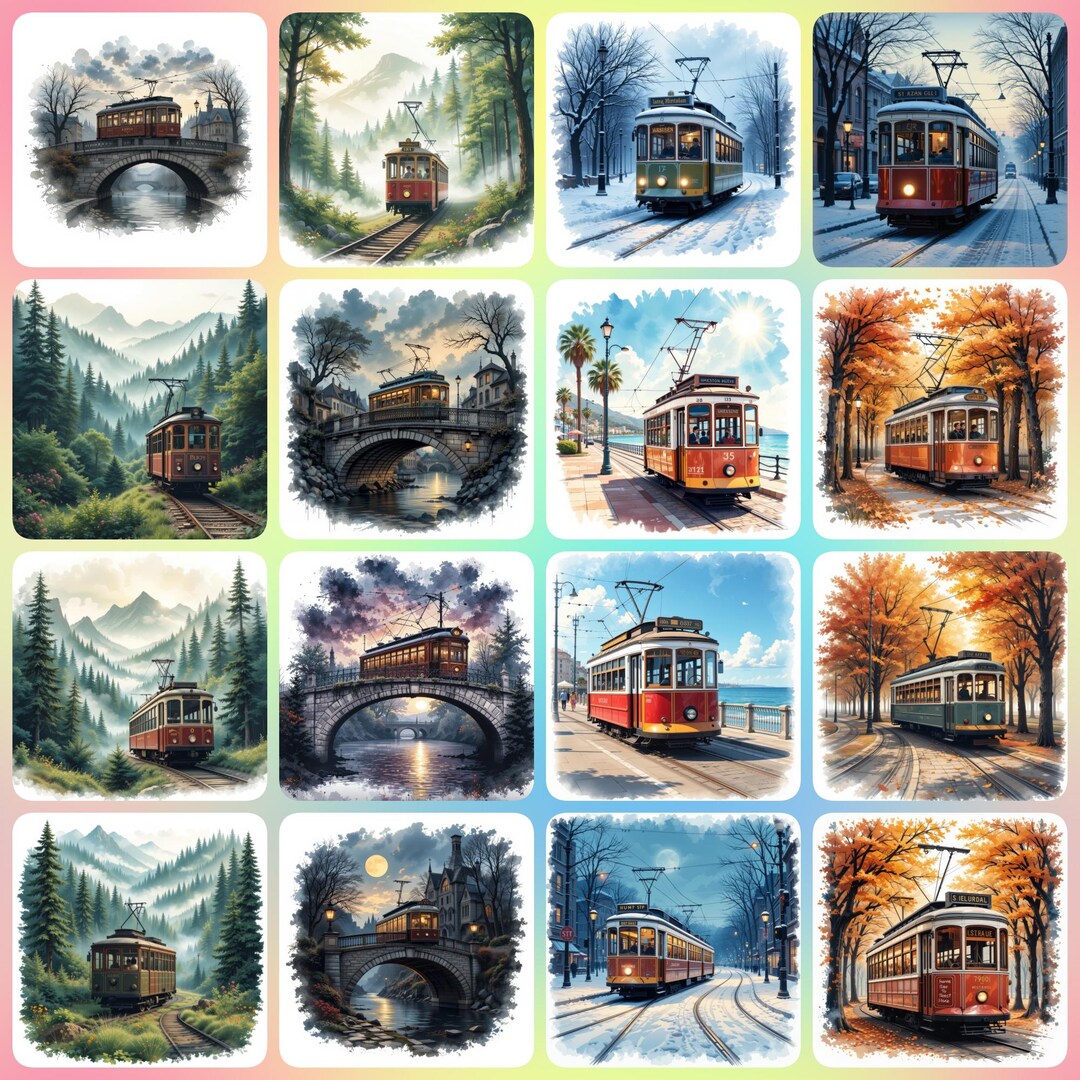 34 Vintage Tram Clipart, Retro Tram Clipart, Printable Watercolor ...