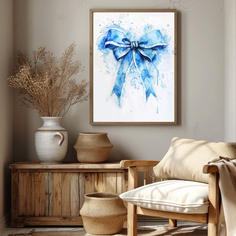 Blue and White Checkered Bow Watercolor Oil Painting | Minimalist Wall ...