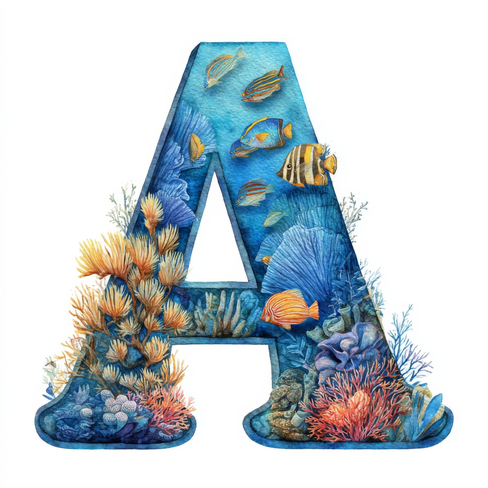 36 Jpgs, Watercolour Coral Reefs and Tropical Fish, Alphabet A to Z ...