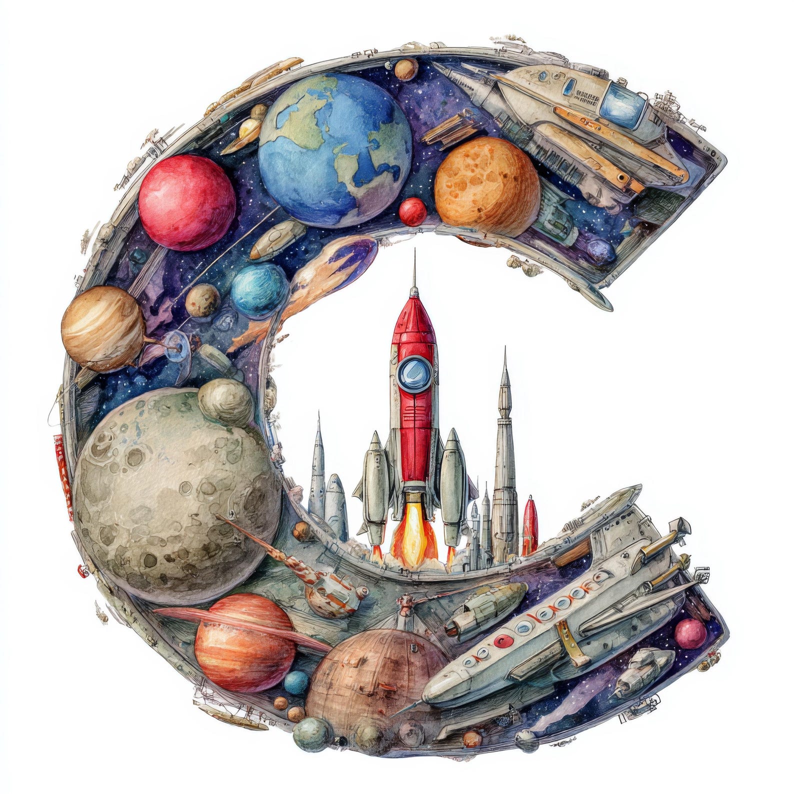 36 Jpgs, Watercolor Rockets and Planets, Space Adventure Theme ...