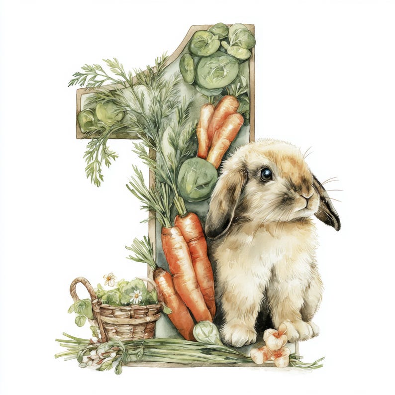 36 Jpgs, Watercolor Cute Bunny and Carrots, Alphabet A to Z, Number 0 ...