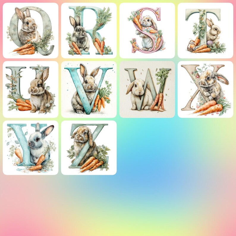 36 Jpgs, Watercolor Cute Bunny and Carrots, Alphabet A to Z, Number 0 ...