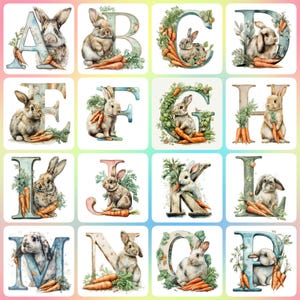 36 Jpgs, Watercolor Cute Bunny and Carrots, Alphabet A to Z, Number 0 ...